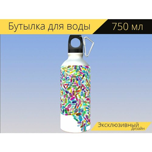 Бутылка фляга для воды "Головной мозг, рецепт, медикамент" 750 мл. с карабином и принтом