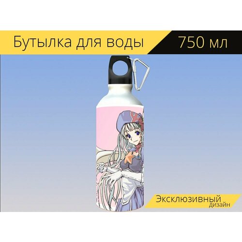 Бутылка фляга для воды "Аниме, девочка, милый" 750 мл. с карабином и принтом