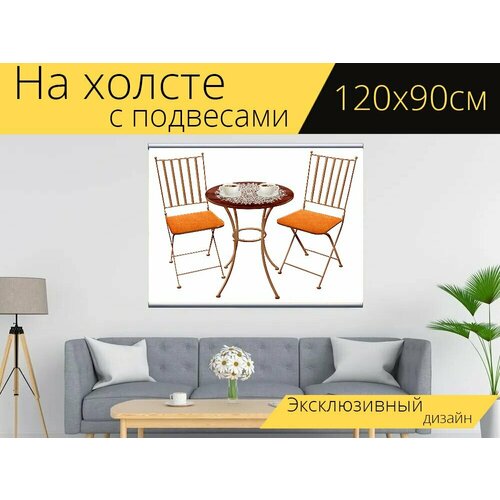 Картина на холсте "Открытый стол и стулья, мебель патио, зонтик" с подвесами 120х90 см. для интерьера