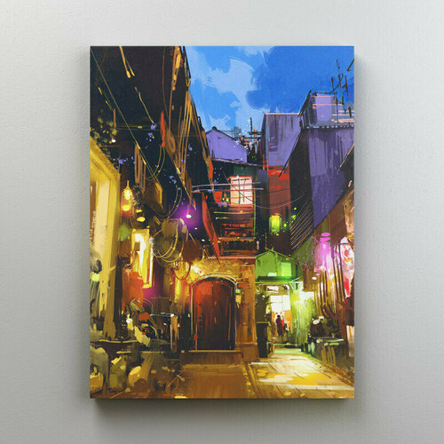 Интерьерная картина на холсте "Вечерняя улочка в гирлянде" размер 45x60 см