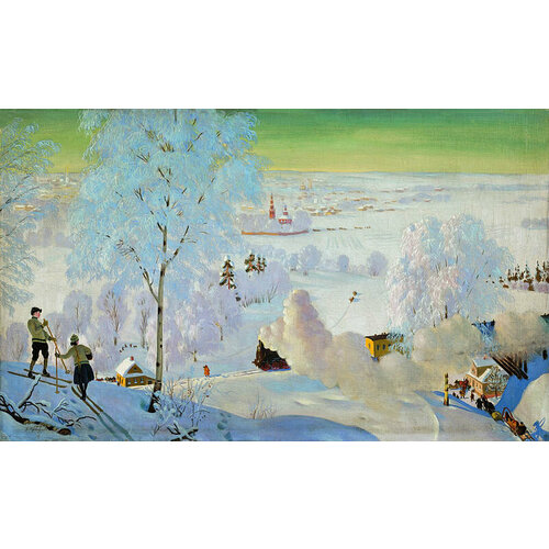 "Лыжники", Кустодиев Борис Михайлович, картина (репродукция) (50х30 см / на подрамнике)