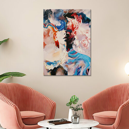 Картина интерьерная-Девушка в холодных тонах красками цветы 50х70