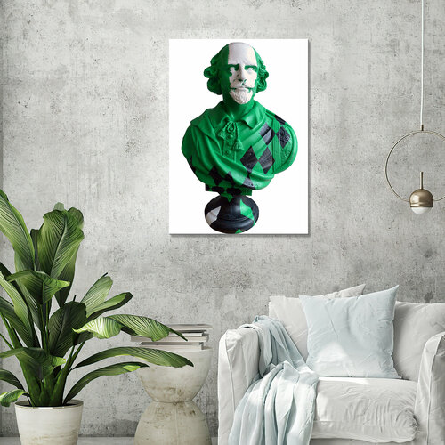 Интерьерная картина на холсте - Скульптура мужчина в зелёной краске с чёрными ромбами 50х70