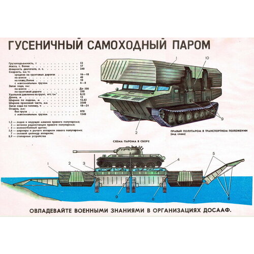 Советский плакат, постер на холсте Гусеничный самоходный паром. Учебный досааф. Размер 30 х 42 см
