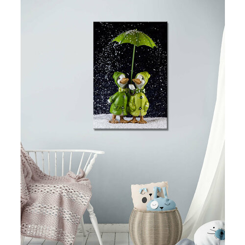 Картина - Гуси, гусь домашняя птица, белые гуси, гуси под зонтиком (17) 20х30
