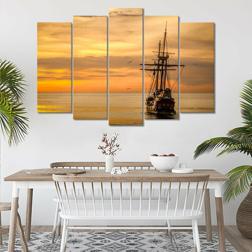 Модульная картина/Модульная картина на холсте/Модульная картина в подарок/парусник на закате - sailboat at sunset 150х100