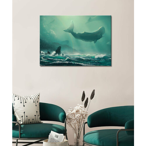 Картина - Кашалот, кашалоты, китообразные кашалоты, кашалот в море, кашалот в океане, кашалот фэнтези (5) 20х30