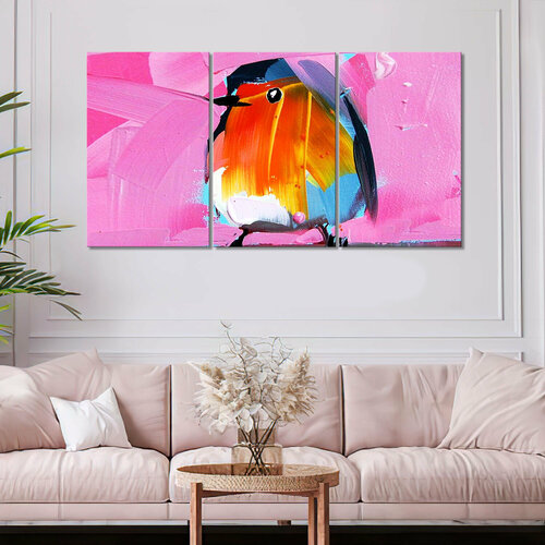 Модульная картина/Модульная картина на холсте/Модульная картина в подарок/снегирь на розовом-bullfinch on pink 90х50