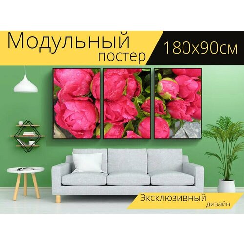 Модульный постер "Розы, красный, пионы" 180 x 90 см. для интерьера