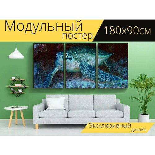 Модульный постер "Зеленая морская черепаха, море, океан" 180 x 90 см. для интерьера