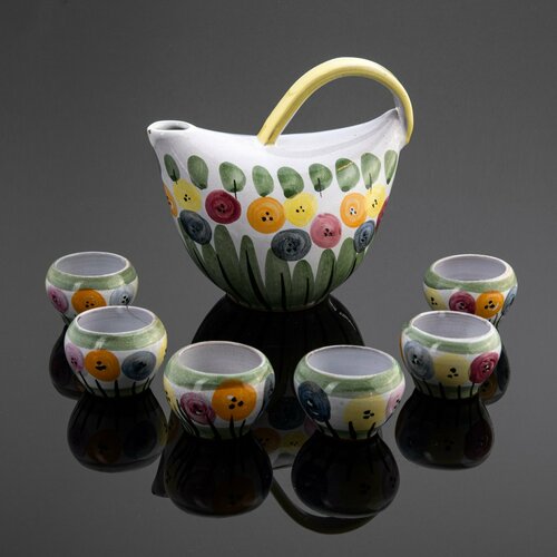 Набор для напитков (кувшин и 6 стаканчиков) оригинальной формы в стиле мидсенчури с абстрактным разноцветным декором