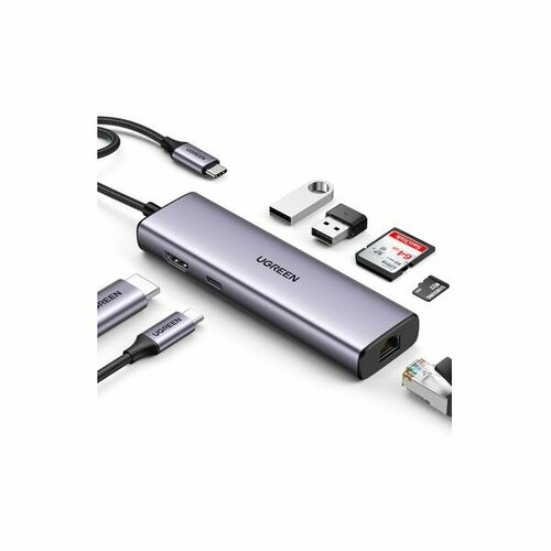 Конвертер UGREEN CM512 (90568) USB-C to 2*USB3.0+HDMI+RJ45+SD&TF +PD Port Converter. серый