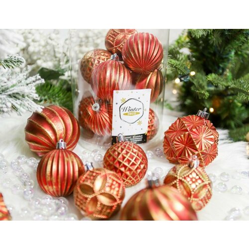 Набор пластиковых шаров вальцер ленто, красный с золотым, 6-8 см, упаковка 24 шт, Winter Deco 220034