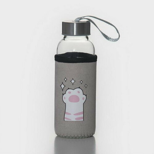 Бутылка для воды стеклянная в чехле "Лапки", 300 мл, h=17 см, цвет розовый