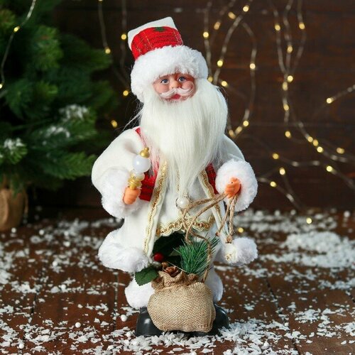 SUI Дед Мороз "С мешком подарков и фонариком" двигается, с подсветкой, 31 см, красно-белый