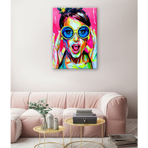 Картина/Картина на холсте/Картина на холсте для интерьера/Картина на стену/Картина в подарок для дома/- Девушка в желтых очках на розовом фоне 60х80