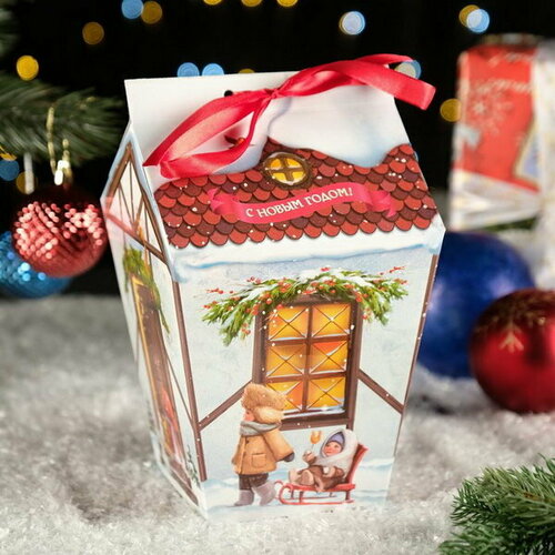 Подарочная коробка "Праздничный домик" бежевый с бантом, 14 x 14 x 21.3 - 9.6 x 9.6 x 22 см, 10 шт.