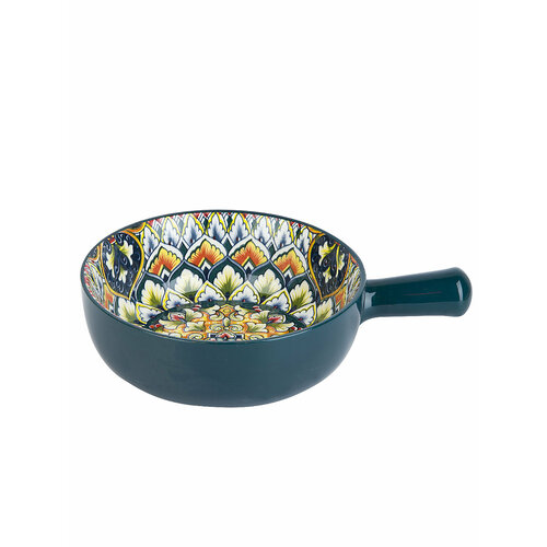 Кокотница с ручкой Arabesque зеленая , фарфоровая, 700 мл