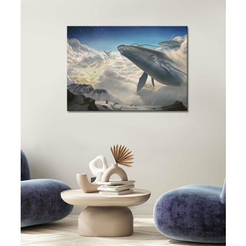 Картина - кит, арт, киты летают, усатый кит, старый кит, огромные киты, киты в облаках (13) 60х80