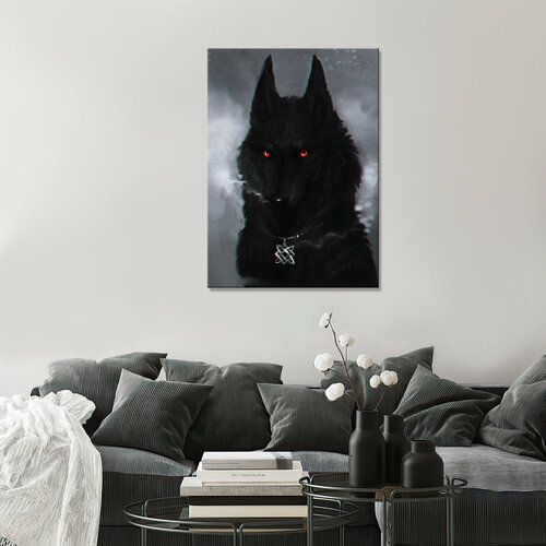 Интерьерная картина на холсте - Чёрный волк с красными глазами и амулетом 50х70