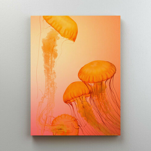 Интерьерная картина на холсте "Четыре оранжевых медузы" размер 22x30 см