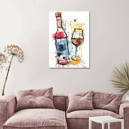 Интерьерная картина на холсте - Бутылка и бокал акварель арт 40х60