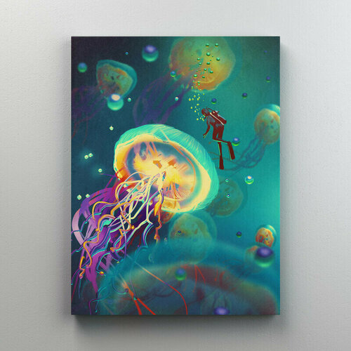 Интерьерная картина на холсте "Гигантские медузы и дайвер №2" размер 22x30 см