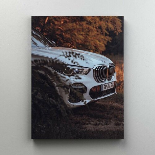Интерьерная картина на холсте "Белый BMW X5 - автомобиль на природе" размер 22x30 см