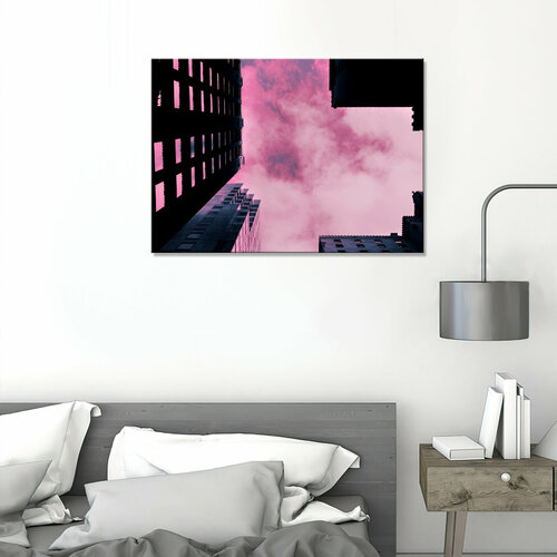 Картина/Картина на холсте для интерьера/Картина на стену/Картина для кухни/ - Небоскребы/Розовое небо 20х30