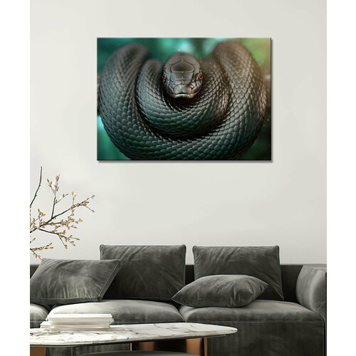Картина - змея, чёрная мамба, чёрная змея, арт, ядовитая змея, большая змея, кожа змеи (12) 40х60