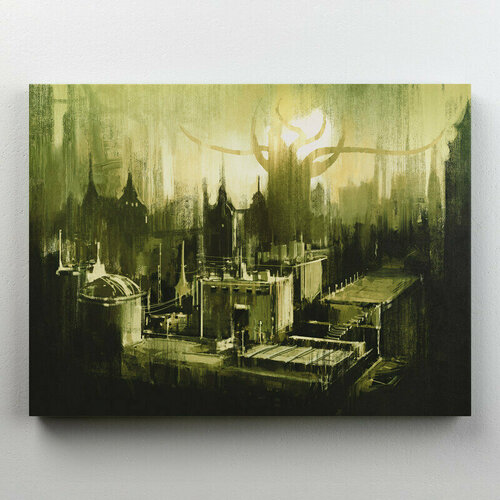 Интерьерная картина на холсте "Горизонты и закат темного города" размер 30x22 см