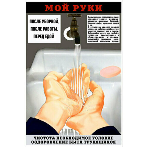 Плакат, постер на холсте СССР/ Мой руки. Чистота необходимое условие оздоровления быта трудящихся. Размер 60 х 84 см