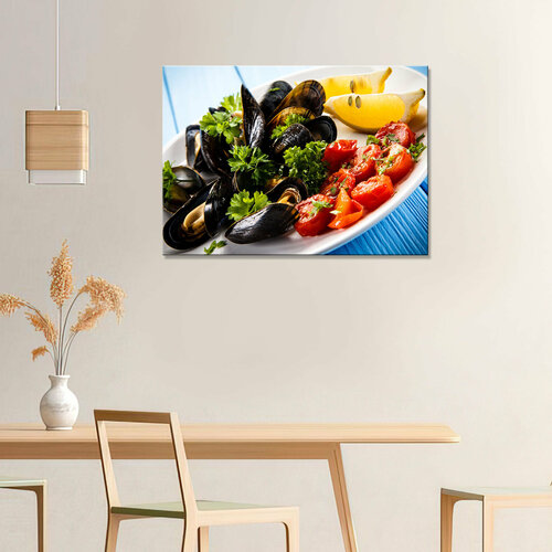 Картина/Картина на холсте для интерьера/Картина на стену/Картина для кухни/ - Мидии помидор лимон 50х70