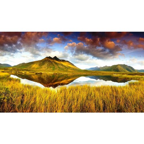 Картина на холсте 60x110 Альянс Лес "Осень трава облака озеро горы" на подрамнике / интерьер/ декор