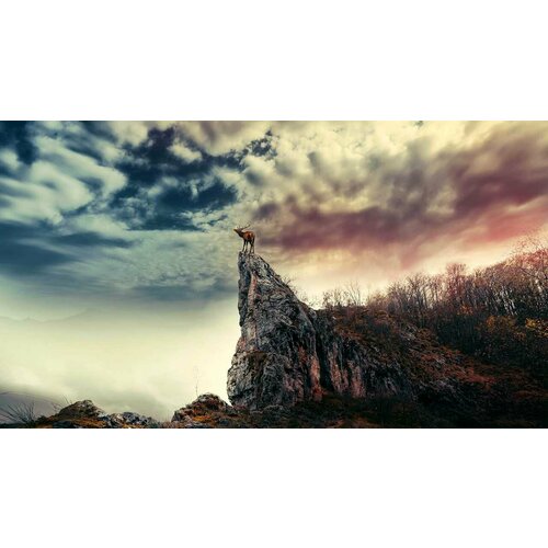 Картина на холсте 110x60 LinxOne "Олень природа горы небо облака" интерьерная для дома / на стену / на кухню / с подрамником