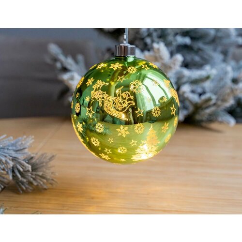 Светящийся ёлочный шар новогодний полёт, зелёный, 10 тёплых белых микро LED-огней, 12 см, батарейки, Peha Magic GF-16855