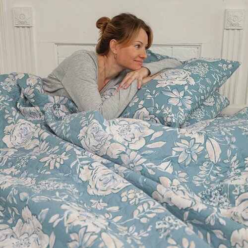 Комплект постельного белья одеяло-покрывало 1,5-спальный спал спалыч бязь Цветы голубой/ наволочки 70*70/на дачу