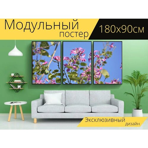 Модульный постер "Цветущее дерево, розовые цветы, цветущий" 180 x 90 см. для интерьера