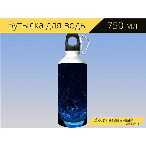 Бутылка фляга для воды "Стекло, вода, синий" 750 мл. с карабином и принтом