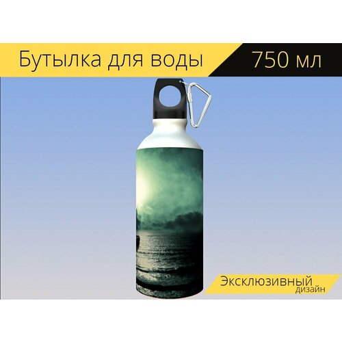 Бутылка фляга для воды "Пейзаж, море, ночь" 750 мл. с карабином и принтом