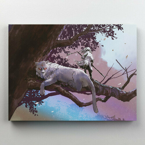 Интерьерная картина на холсте "Арт - аниме охотник и его белый волк" размер 40x30 см