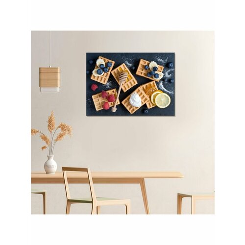 Картина на холсте с подрамником Вафли с ягодами и мёдом на синем фоне 40х60