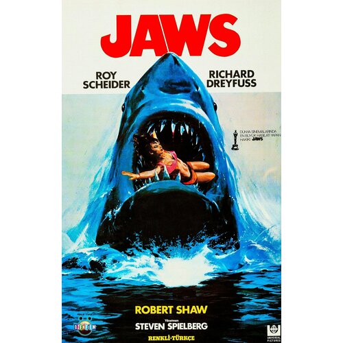 Плакат, постер на холсте Челюсти (Jaws, 1975г). Размер 42 х 60 см