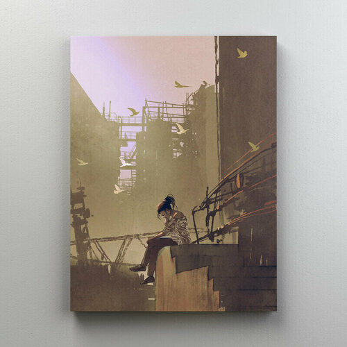 Интерьерная картина на холсте "Женщина читает книгу и сидит на лестнице на фоне промышленных зданий" размер 45x60 см