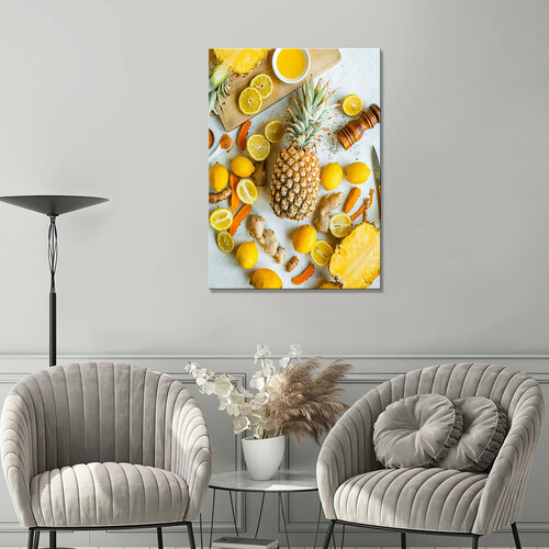 Интерьерная картина на холсте - Ярко-желтая композиция из лимона и ананаса 40х60