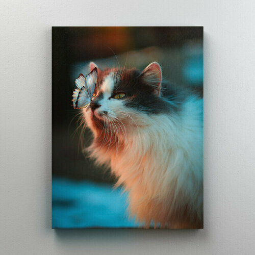 Интерьерная картина на холсте "Бабочка села на нос коту" размер 45x60 см