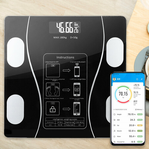 Напольные умные весы с расчётом 12 показателей качества тела совместимые для Android, IOS , черные
