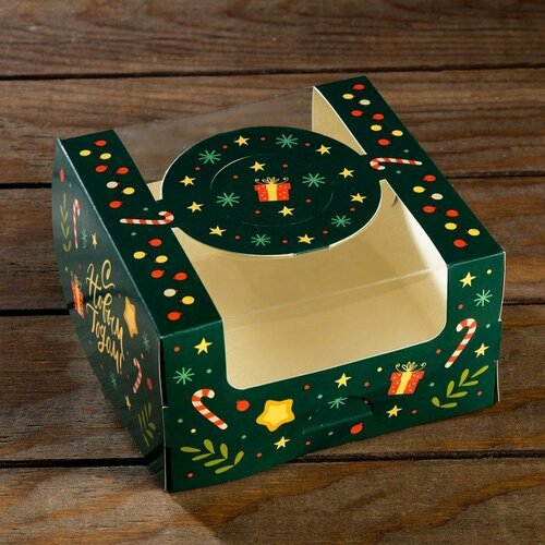 Коробка под бенто-торт с окном "Новогодняя изумрудная", 14 х 14 х 8 см (комплект из 20 шт)