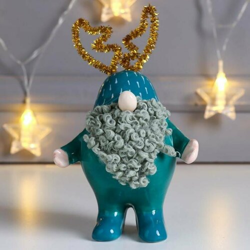 Сувенир керамика "Дед Мороз, кудрявая борода, колпак с рожками" зелёный 14,8х6,8х9,6 см (комплект из 6 шт)
