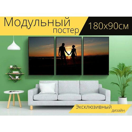 Модульный постер "Заход солнца, океан, макар бас" 180 x 90 см. для интерьера